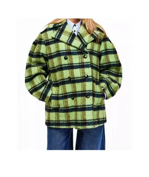 GANNI Brushed Wool Check Teddy Coat - Green