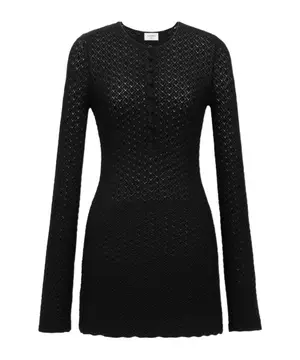 Saint Laurent Long-sleeved Crochet Mini Dress - Black