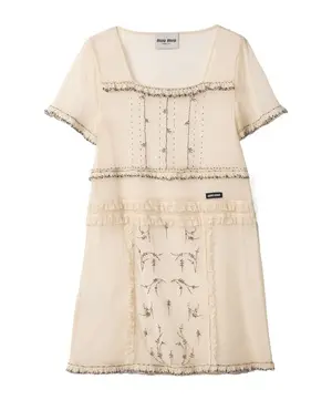 Miu Miu Embroidered Tulle Mini Dress - Natural