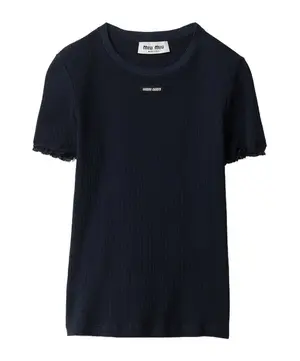 Miu Miu Ribbed Knit Cotton Top With Lace Trim - Navy Blue