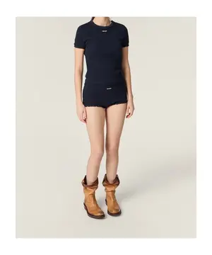 Miu Miu Ribbed Knit Cotton Top With Lace Trim - Navy Blue