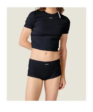 Miu Miu Ribbed Knit Cotton Top With Lace Trim - Navy Blue