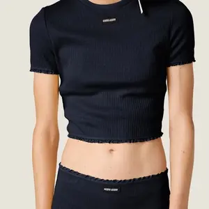 Miu Miu Ribbed Knit Cotton Top With Lace Trim - Navy Blue