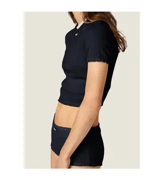 Miu Miu Ribbed Knit Cotton Top With Lace Trim - Navy Blue