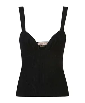 TWINSET Ribbed Knit V-neck Top With Logo Detail