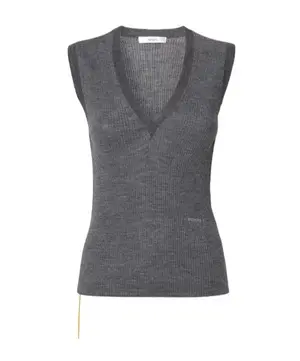 Fendi Gray Melange Wool Ribbed Sleeveless V-neck Top - Grey