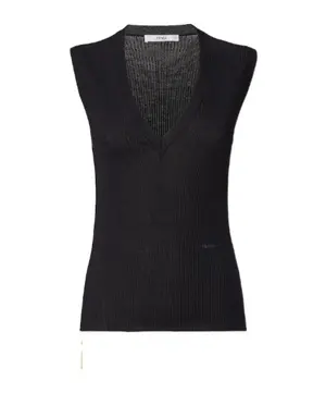 Fendi Wool Ribbed Sleeveless V-neck Top - Black