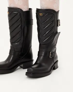 Valentino Garavani Calfskin And Nappa Leather Biker Boots With Chevron Pattern