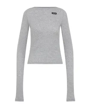 Miu Miu Long Sleeve Top With Logo Patch - Grey