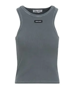 Miu Miu Garment-dyed Ribbed Knit Jersey Top - Grey