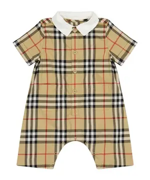 Burberry Plaid Short Sleeve Romper With Collar - Nude