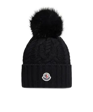 Moncler Wool Cashmere Blend Beanie With Pom Pom - Black