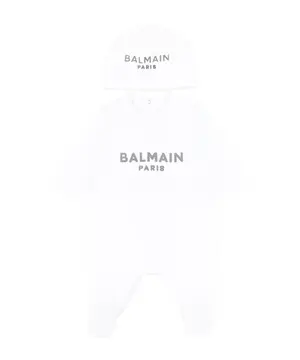 Balmain Logo Print Babygrow Set With Hat - White