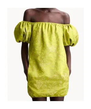 Saint Laurent Puff-sleeve Mini Dress In Metallic Floral Brocade