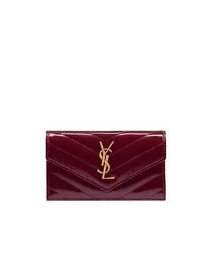 Saint Laurent Cassandre Matelassé Fragments Flap Card Case In Patent Leather - Deep Red Wine