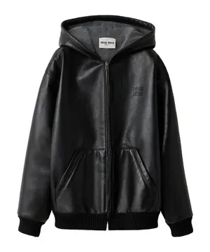 Miu Miu Nappa Leather Zip-up Hoodie Jacket With Embossed Logo