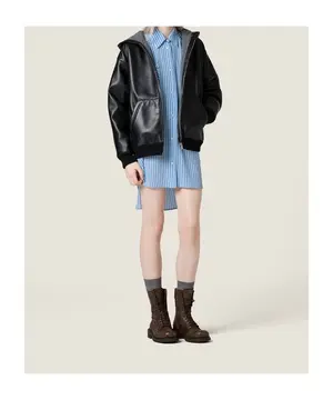 Miu Miu Nappa Leather Zip-up Hoodie Jacket With Embossed Logo
