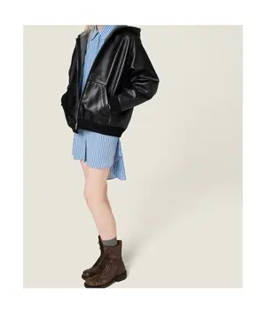 Miu Miu Nappa Leather Zip-up Hoodie Jacket With Embossed Logo