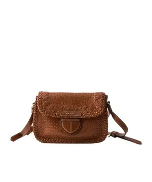 Prada Woven Leather Mini Shoulder Bag Cognac