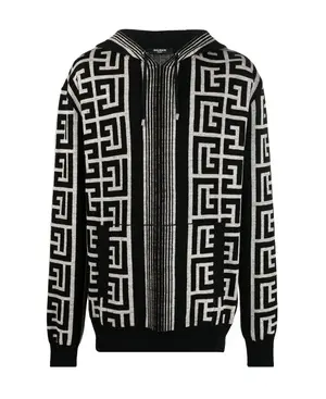 Balmain Maxi Monogram Drawstring Hoodie - Black