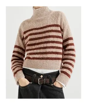Brunello Cucinelli Soft Virgin Wool And Cashmere Turtleneck Sweater With Dazzling Stripes - Beige