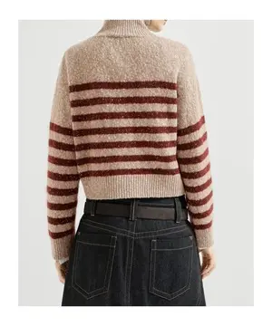 Brunello Cucinelli Soft Virgin Wool And Cashmere Turtleneck Sweater With Dazzling Stripes - Beige