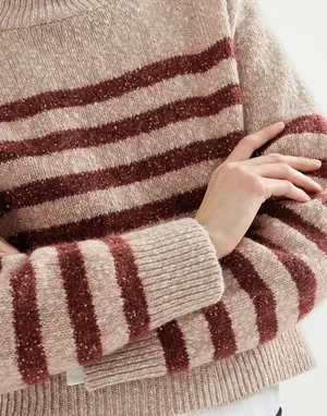 Brunello Cucinelli Soft Virgin Wool And Cashmere Turtleneck Sweater With Dazzling Stripes - Beige