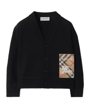 Burberry Wool Cardigan With Checked Label - Black