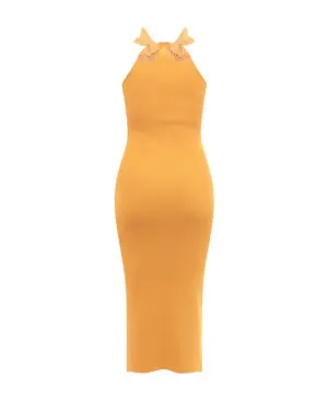 SELF-PORTRAIT Lace Detailed Halter Neck Midi Dress - Orange
