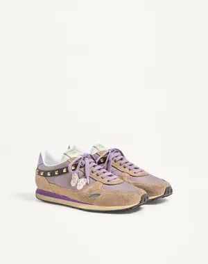 Valentino Garavani Stud Up Sneakers In Split Leather And Nylon With Butterfly Embroidery