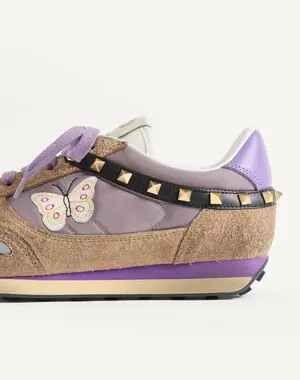 Valentino Garavani Stud Up Sneakers In Split Leather And Nylon With Butterfly Embroidery