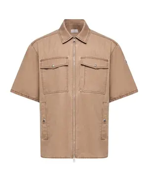 Moncler Short Sleeve Cotton Zip-up Shirt - Brown