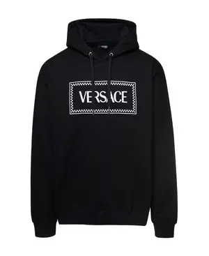 Versace Embroidered-90s Vintage Logo Drawstring Hoodie - Black