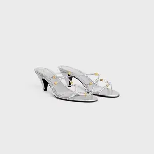 Celine Uptown Heeled Mule In Goatskin And Laminated Lambskin - Silver