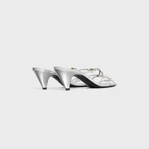 Celine Uptown Heeled Mule In Goatskin And Laminated Lambskin - Silver