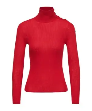 Moncler Ribbed Wool Turtleneck With Snap Button Detail - Red