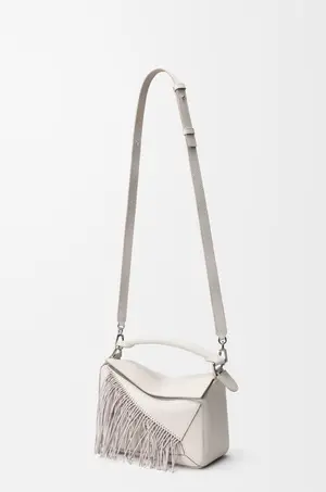 Loewe Fringe Small Puzzle Bag In Classic Calfskin - White