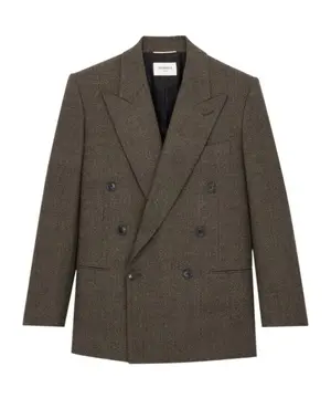 Saint Laurent Double-breasted Jacket In Herringbone Wool - Black