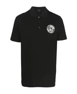 Versace Medusa Embroidered Short Sleeved Polo Shirt - Black