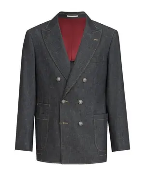 Brunello Cucinelli Contrast Stitch Denim Blazer - Dark Gray