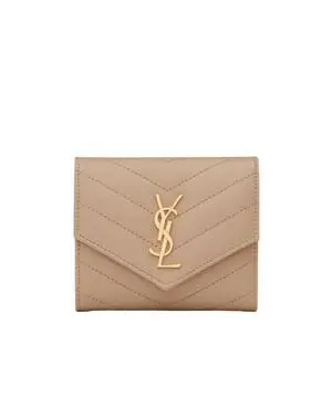 Saint Laurent Cassandre Saint Laurent Matelassé Multi-folded Wallet In Grain De Poudre Embossed Leather Nude