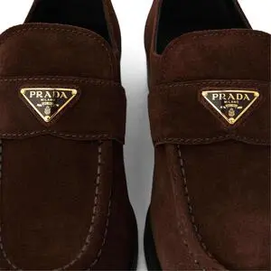 Prada Suede Penny Loafers With Metallic Buckle - Black