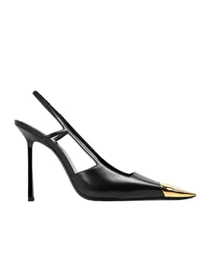 Saint Laurent Pointed-toe Slingbacks With Gold Metal Cap Toe - Black