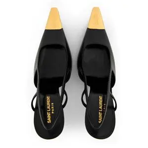 Saint Laurent Pointed-toe Slingbacks With Gold Metal Cap Toe - Black