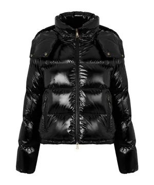 Moncler Cropped Glossy Quilted Down Jacket With Detachable Hood - Black