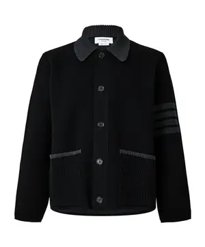Thom Browne Knit Button-front Jacket With Textured Collar And Signature Stripes