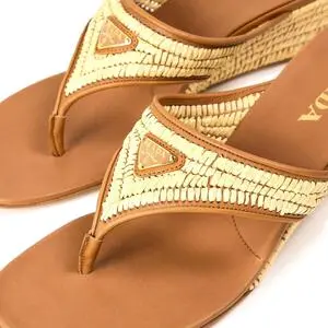 Prada Wedge Slide Sandals With Raffia Heel