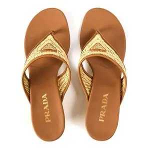 Prada Wedge Slide Sandals With Raffia Heel