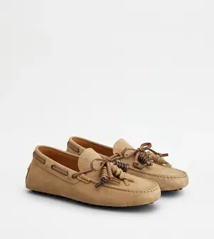 TOD'S Gommino Suede Loafers With Woven Tie - Brown