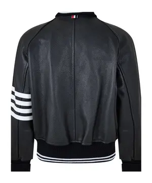 Thom Browne Grained Leather Varsity Jacket With Four-stripe Detail